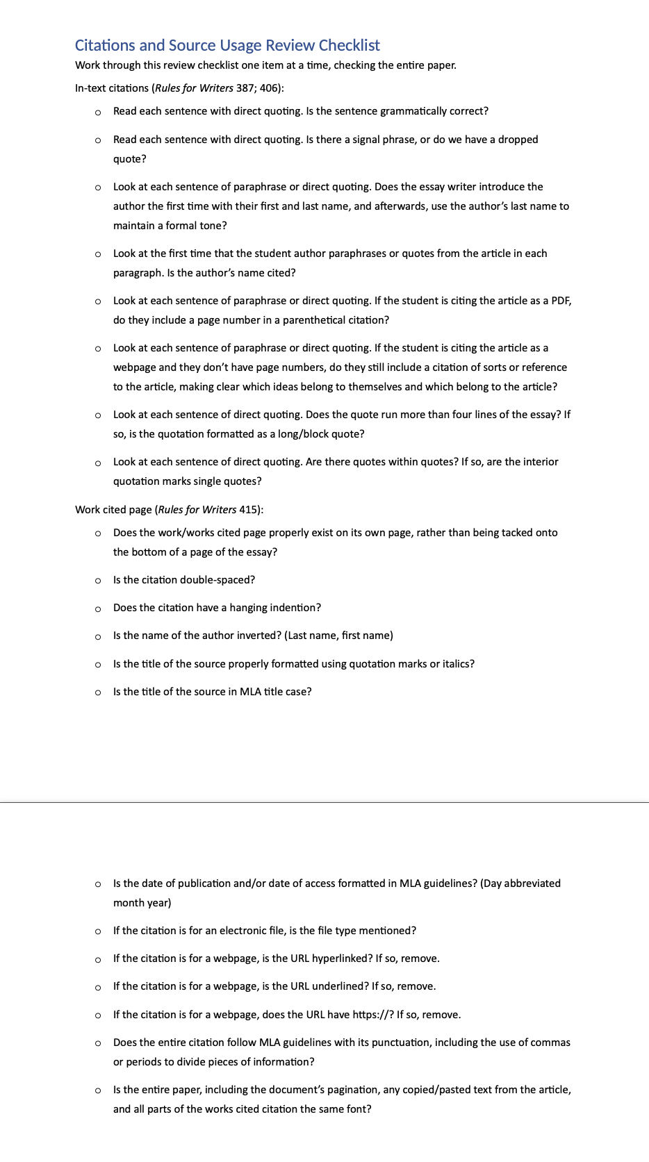 Citations and Source Usage Review Checklist Work | Chegg.com