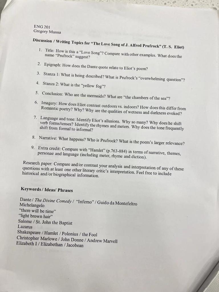 ENG 201 Gregory Munna Discussion / Writing Topics for | Chegg.com