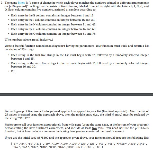Solved 3. The game Bingo is "a game of chance in which each | Chegg.com