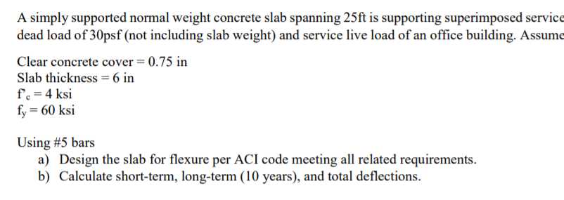 Solved A simply supported normal weight concrete slab | Chegg.com