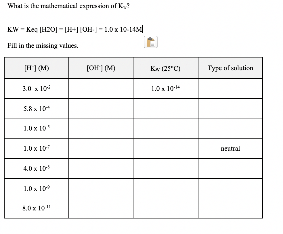Solved What is the mathematical expression of Kw? KW = Keq | Chegg.com