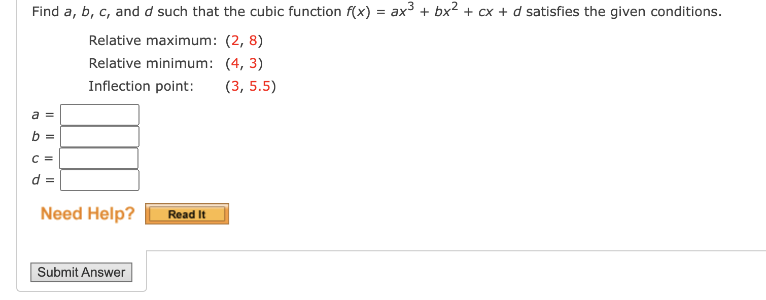 Solved Find a, b, c, and d such that the cubic function f(x) | Chegg.com