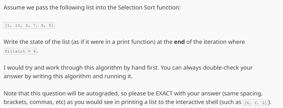 Solved Assume we pass the following list into the Selection | Chegg.com
