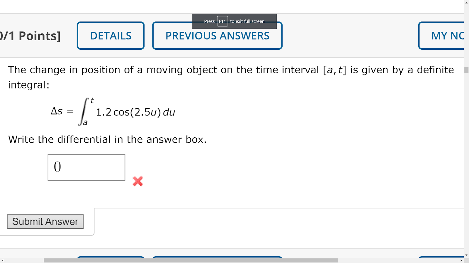 Solved Press F11 to exit full screen D/1 Points] DETAILS | Chegg.com
