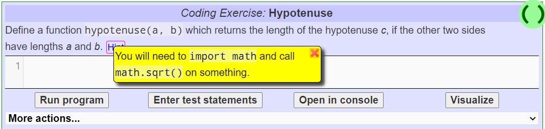 Solved Coding Exercise: Hypotenuse Define a function | Chegg.com