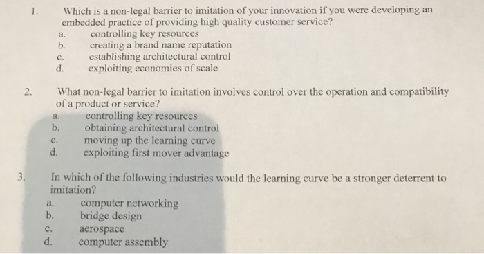 Solved 1. Which is a non-legal barrier to imitation of your | Chegg.com
