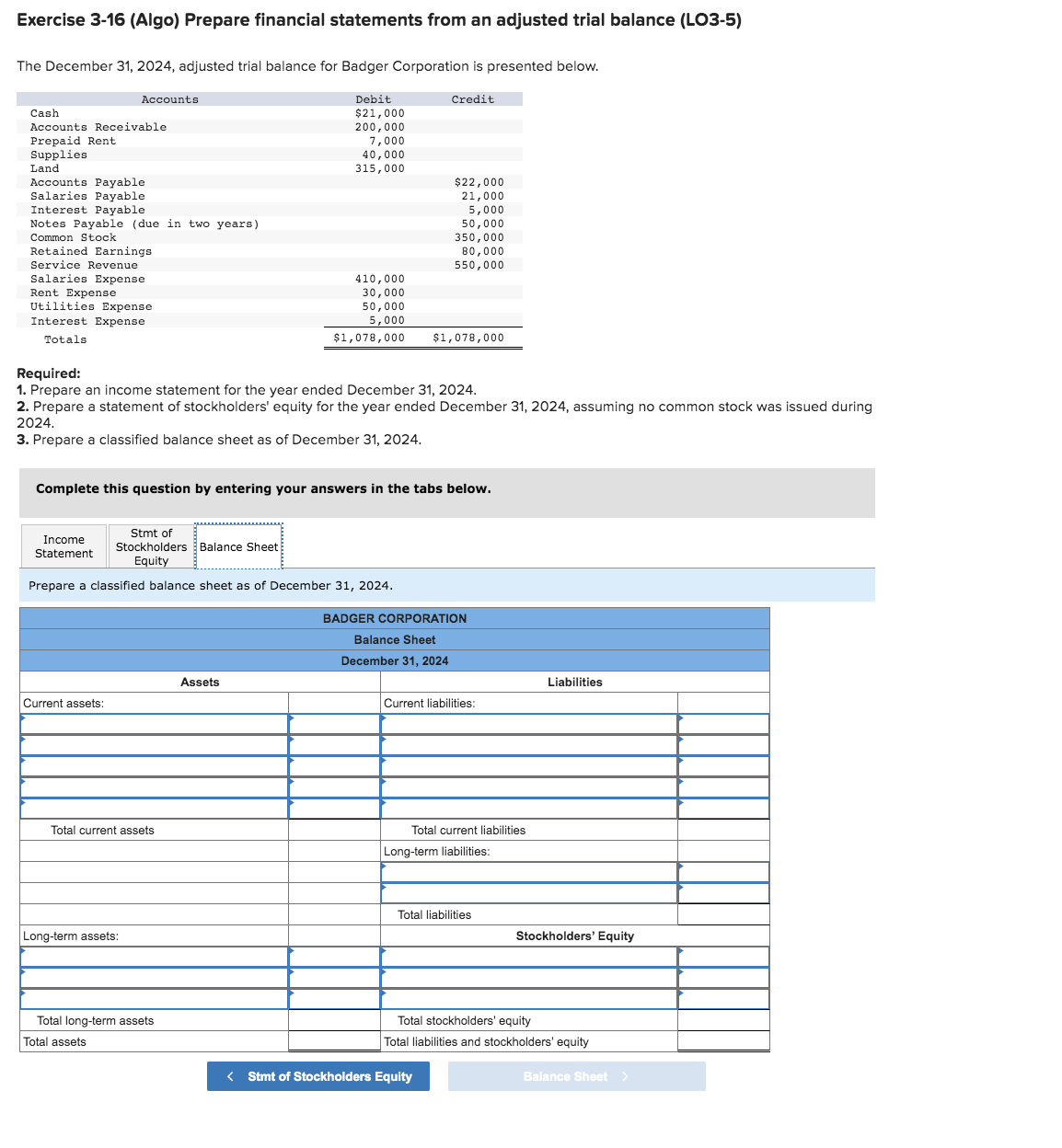 Solved Exercise 3-16 (Algo) Prepare financial statements | Chegg.com