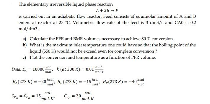 Solved The elementary irreversible liquid phase reaction A + | Chegg.com