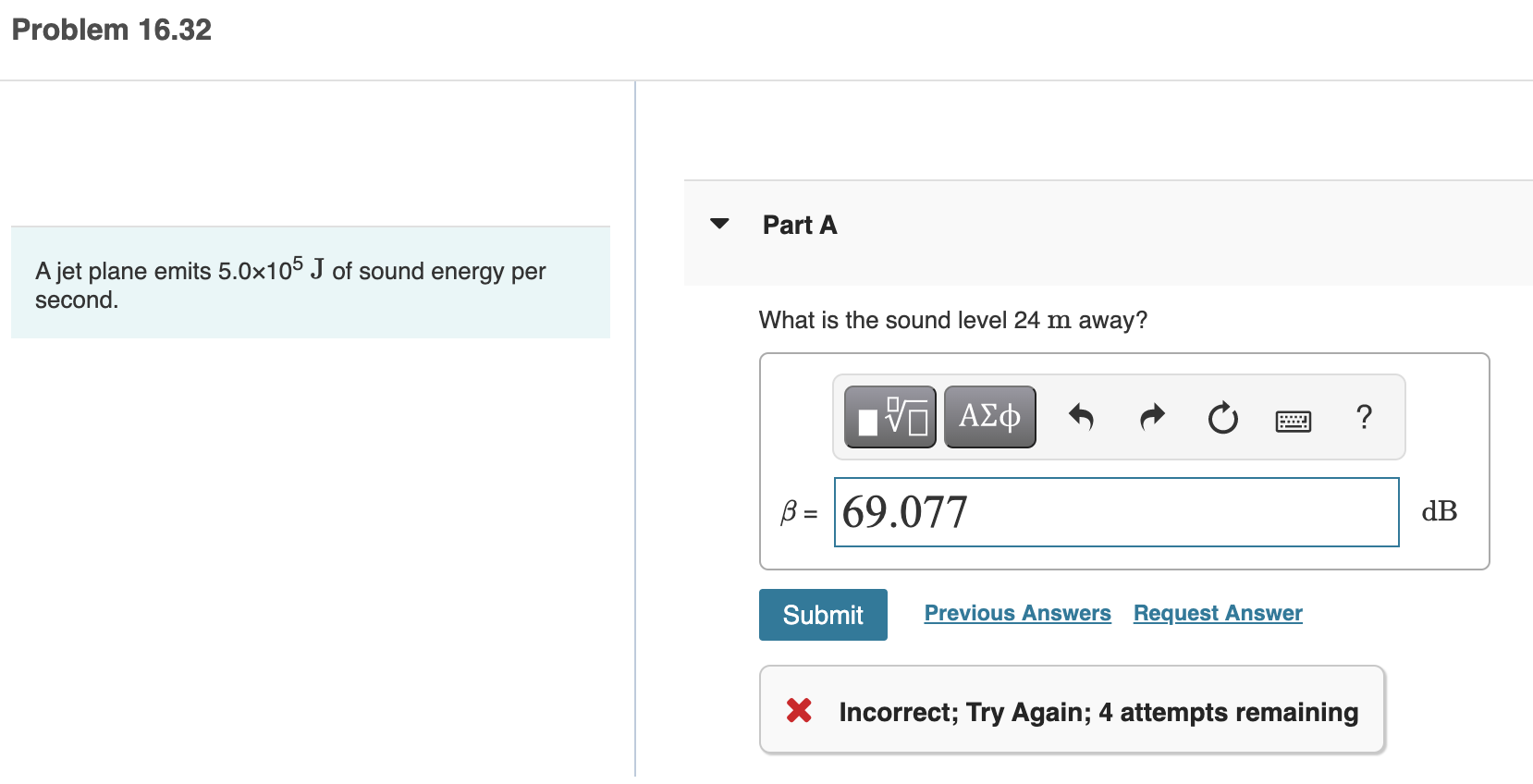 Solved A jet plane emits 5.0×105 J of sound energy per | Chegg.com