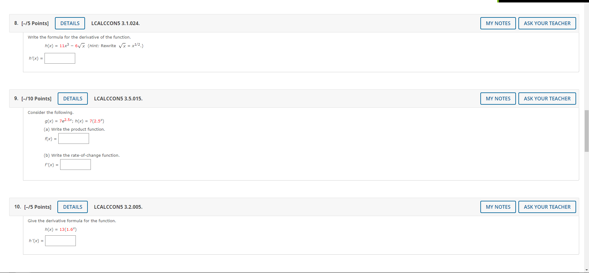 Solved Write the formula for the derivative of the function. | Chegg.com