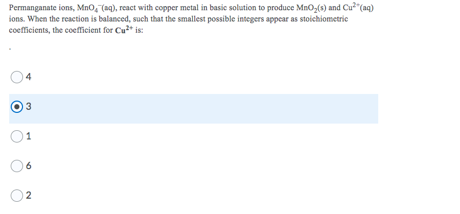 Solved Permanganate ions, MnO4 (aq), react with copper metal | Chegg.com