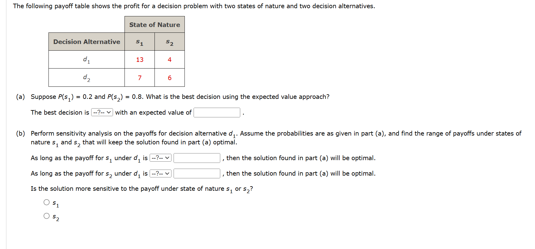 Solved The following payoff table shows the profit for a | Chegg.com