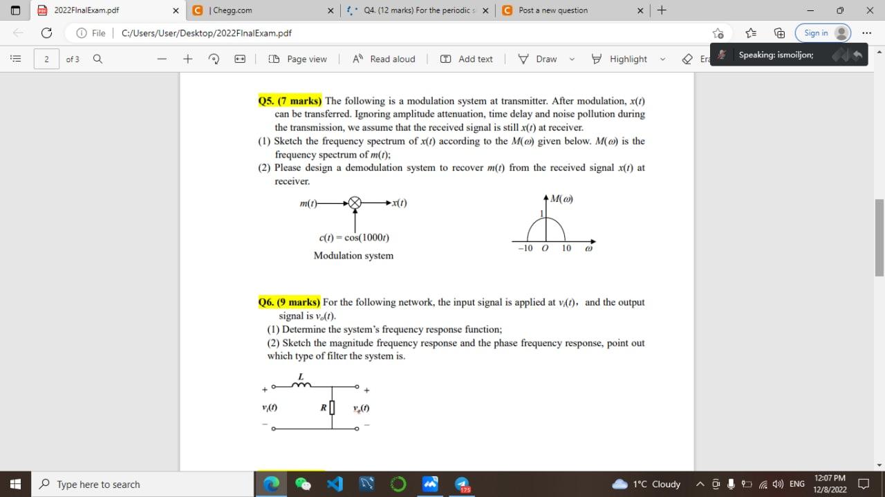 Solved Q5. (7 marks) The following is a modulation system at | Chegg.com