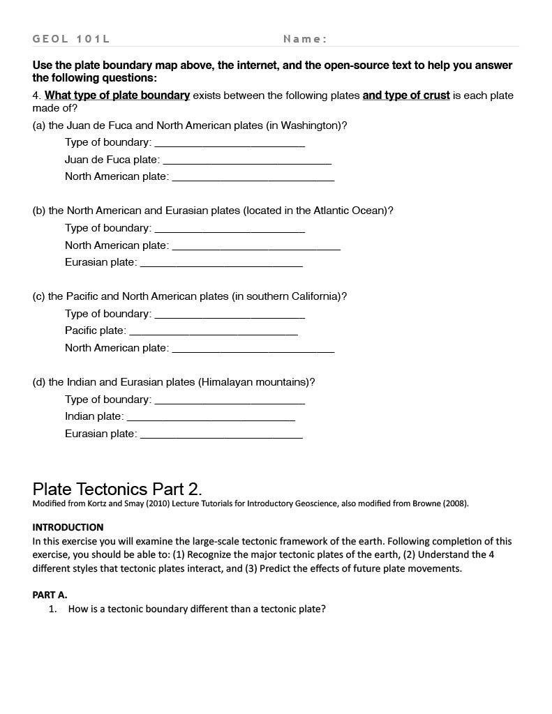 Solved Lab - Plate Tectonics Part 1. Directions: Answer the | Chegg.com