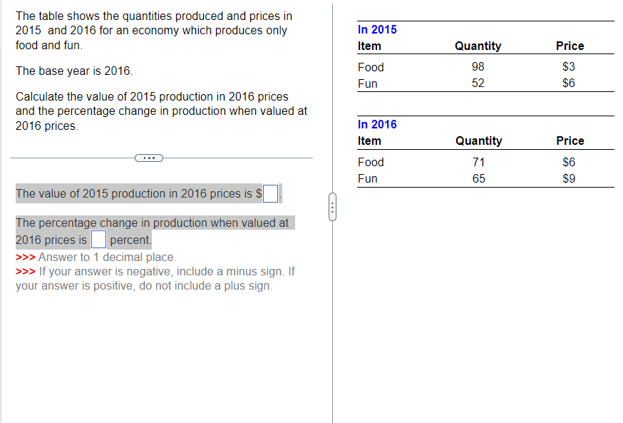 Solved The table shows the quantities produced and prices in | Chegg.com