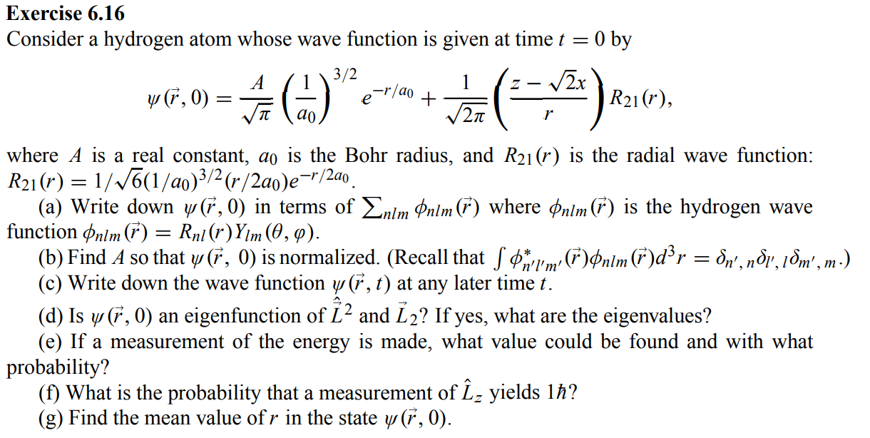 Solved Exercise 6 16 Consider A Hydrogen Atom Whose Wave