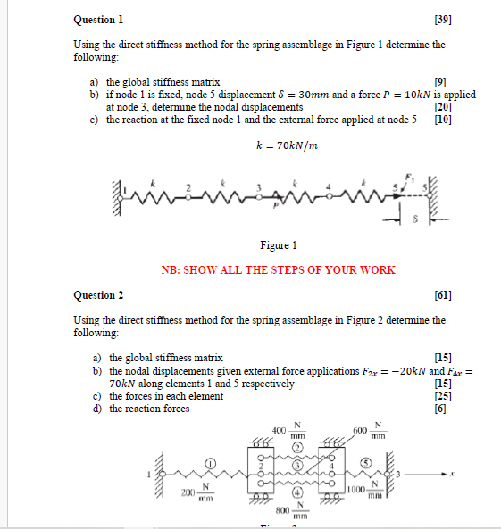 Solved Question 1 ﻿Using the direct stiffness method for the | Chegg.com