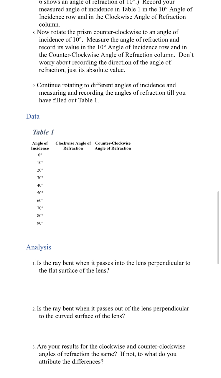 Solved 6 shows an angle of refraction of 10°.) Kecord your | Chegg.com