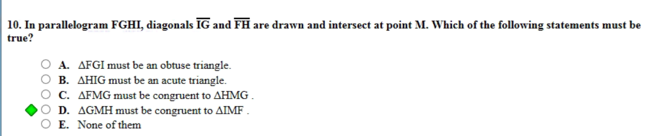 Solved 10. In parallelogram FGHI, diagonals IG and FH are | Chegg.com