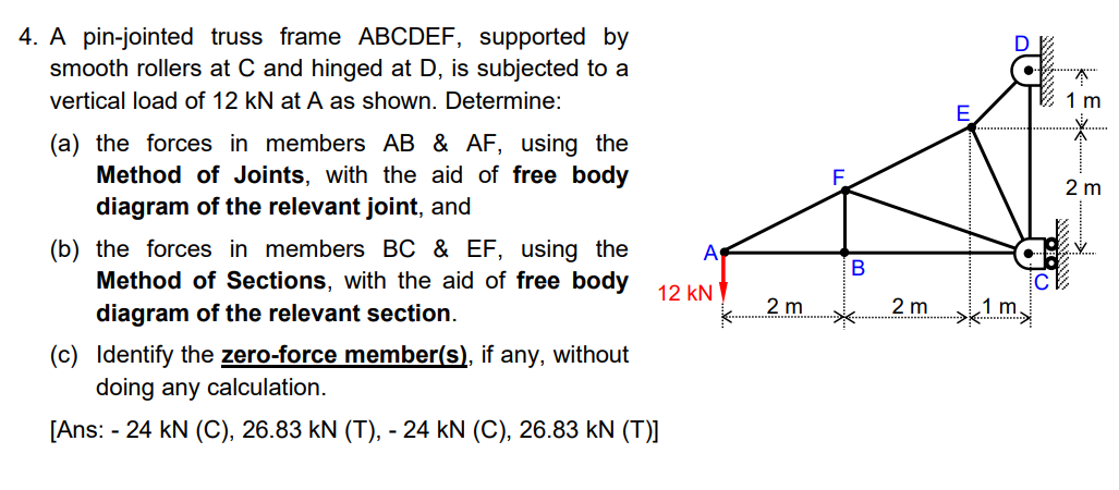 Solved D . V. 1 m 2 m 4. A pin-jointed truss frame ABCDEF, | Chegg.com