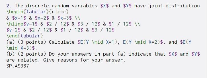 Solved 2. The discrete random variables $X$ and $y$ have | Chegg.com