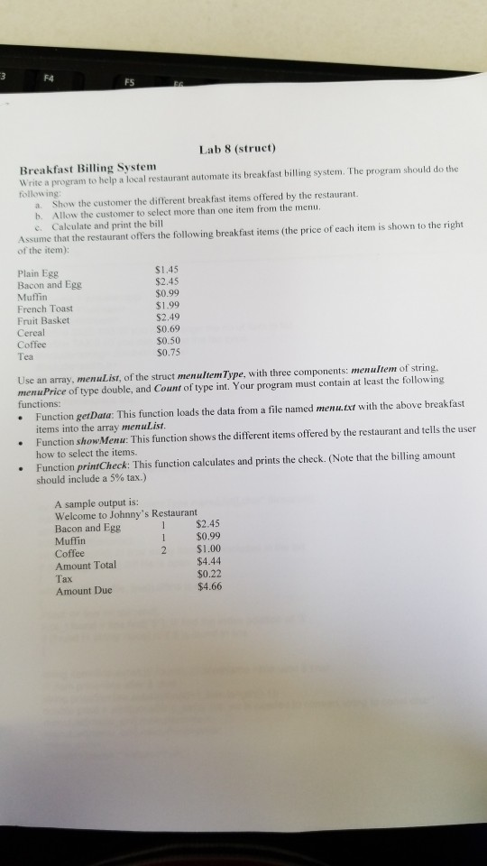 Solved Lab 8 (struct) Breakfast Billing System Write a | Chegg.com