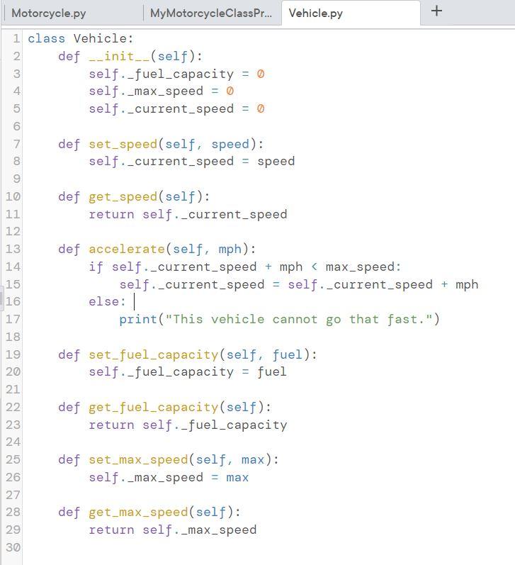 Solved Motorcycle.py MyMotorcycleClassP... ∣ Vehicle.py 1 | Chegg.com
