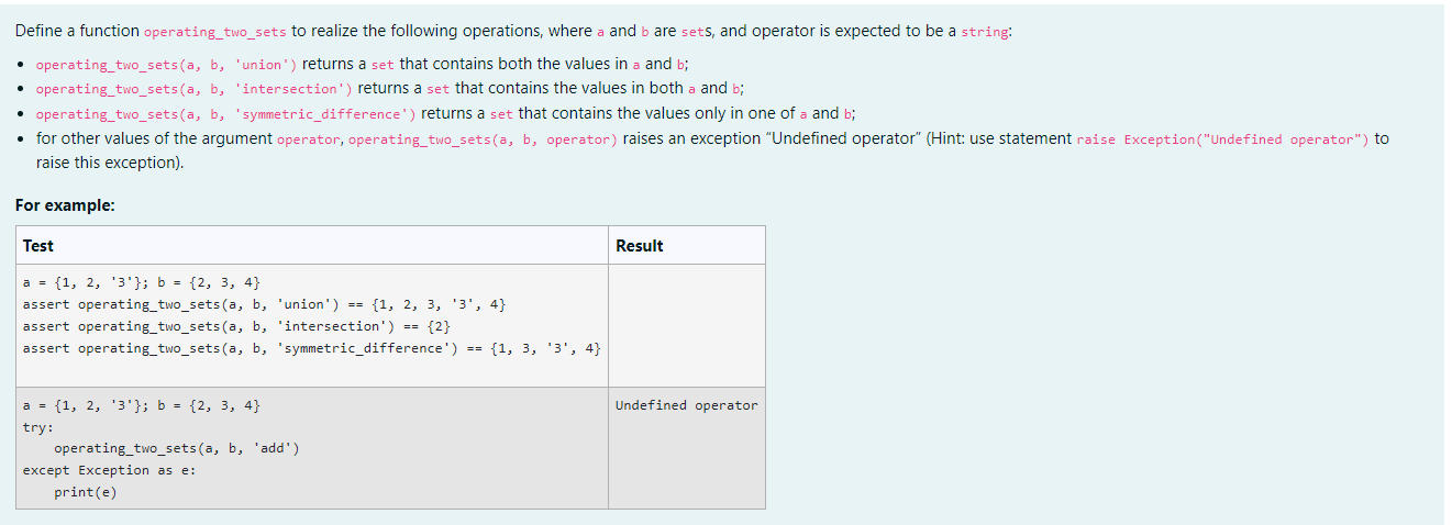Solved Define a function operating_two sets to realize the | Chegg.com