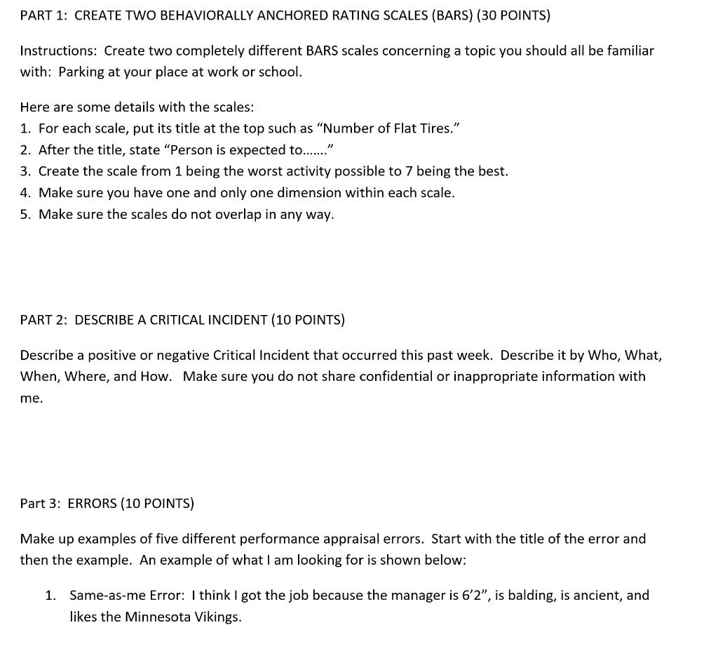 Solved PART 1: CREATE TWO BEHAVIORALLY ANCHORED RATING | Chegg.com