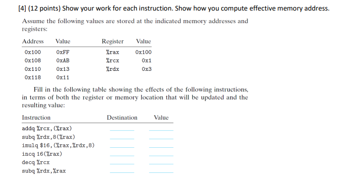 Solved [4] (12 points) Show your work for each instruction. | Chegg.com