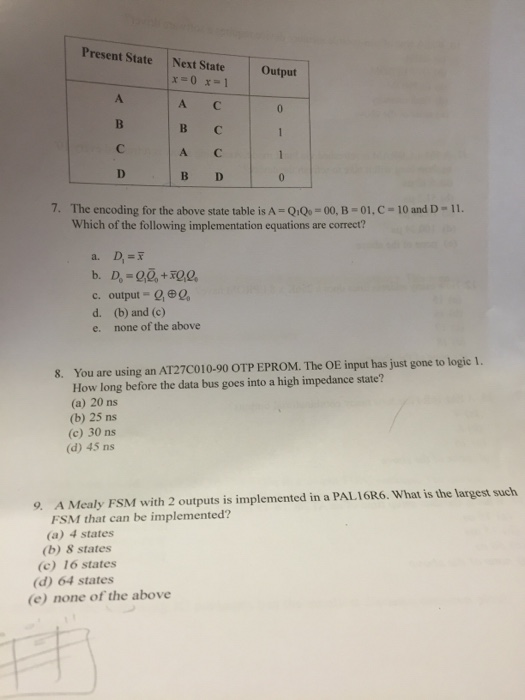 Solved Present State Next State Output A C A C B D 7. The | Chegg.com