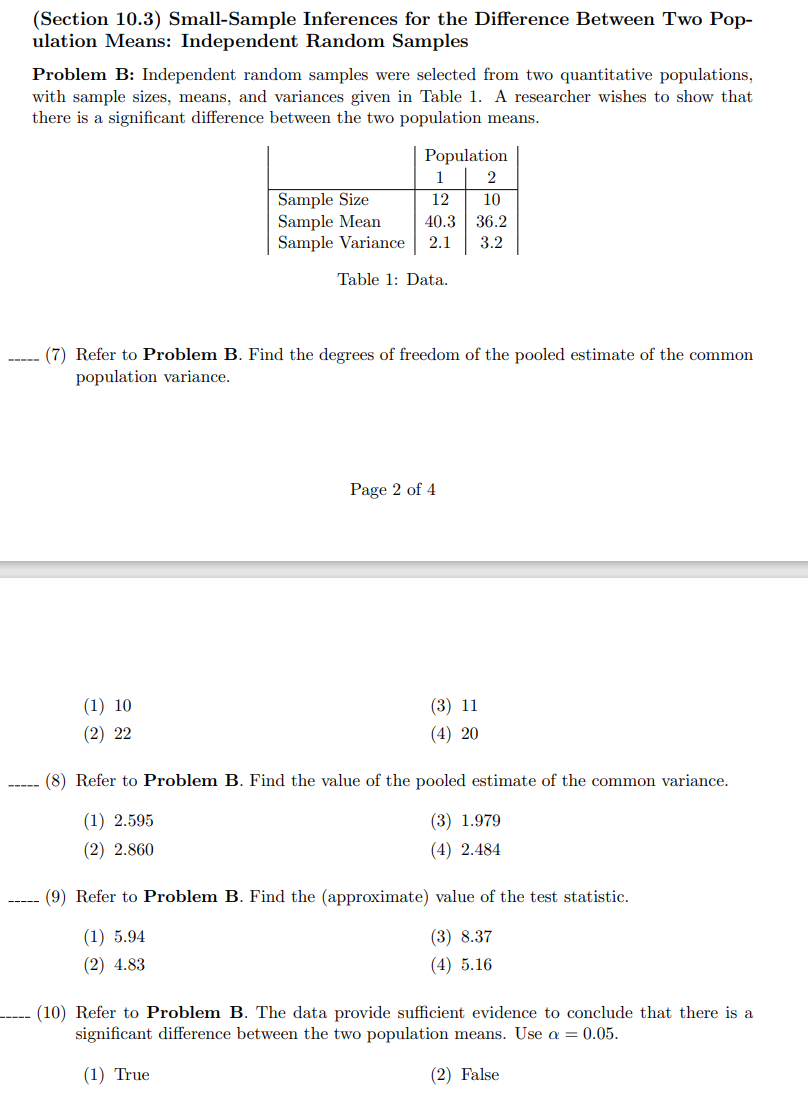 Solved (Section 10.3) Small-Sample Inferences for the | Chegg.com