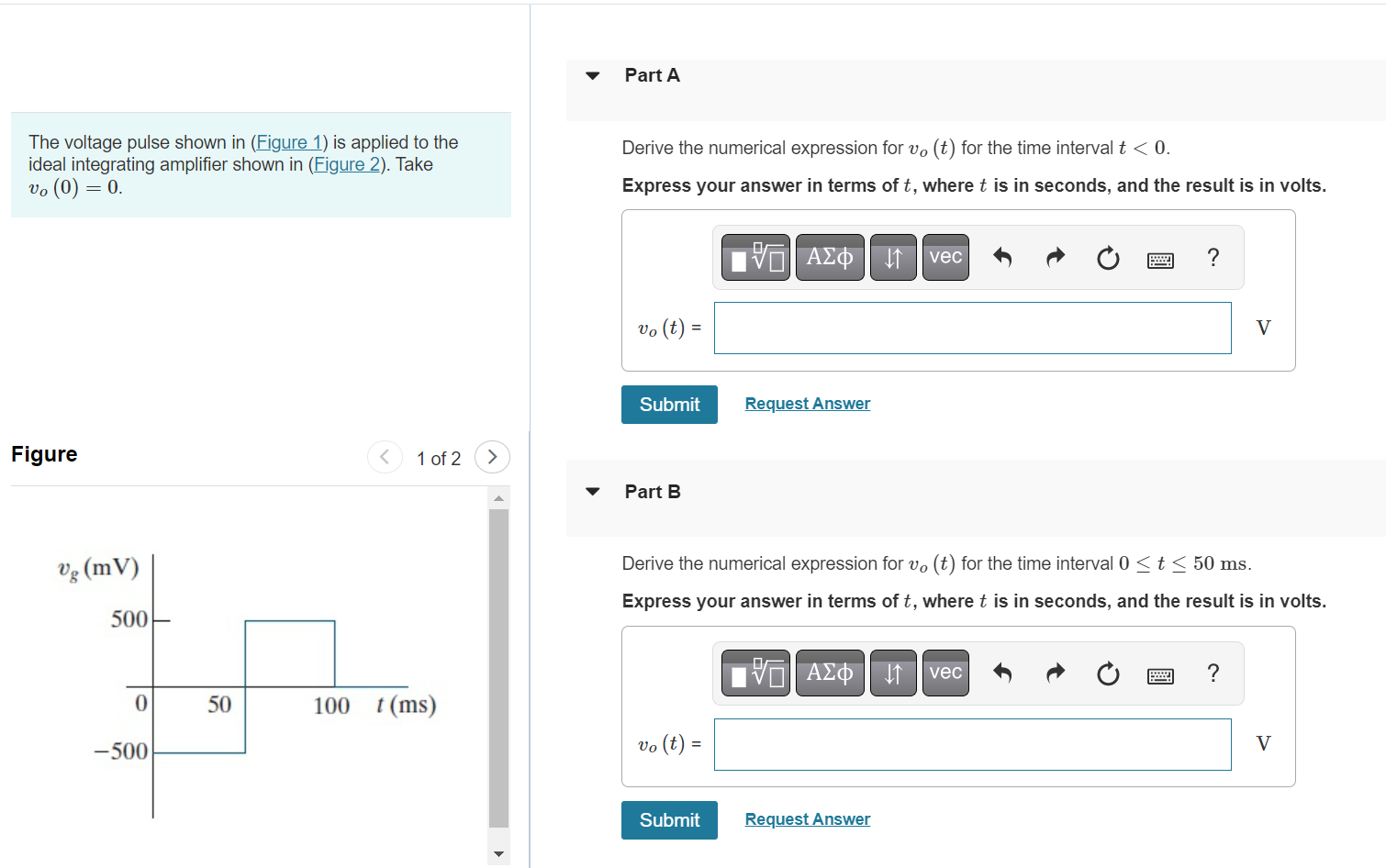 Solved The voltage pulse shown in ideal integrating | Chegg.com
