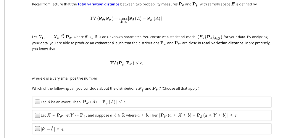 Solved Recall from lecture that the total variation distance | Chegg.com