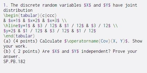 Solved 1. The discrete random variables $X$ and $y$ have | Chegg.com