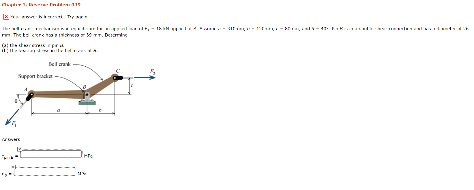 Solved The bell-crank mechanism is in equilibrium for an | Chegg.com