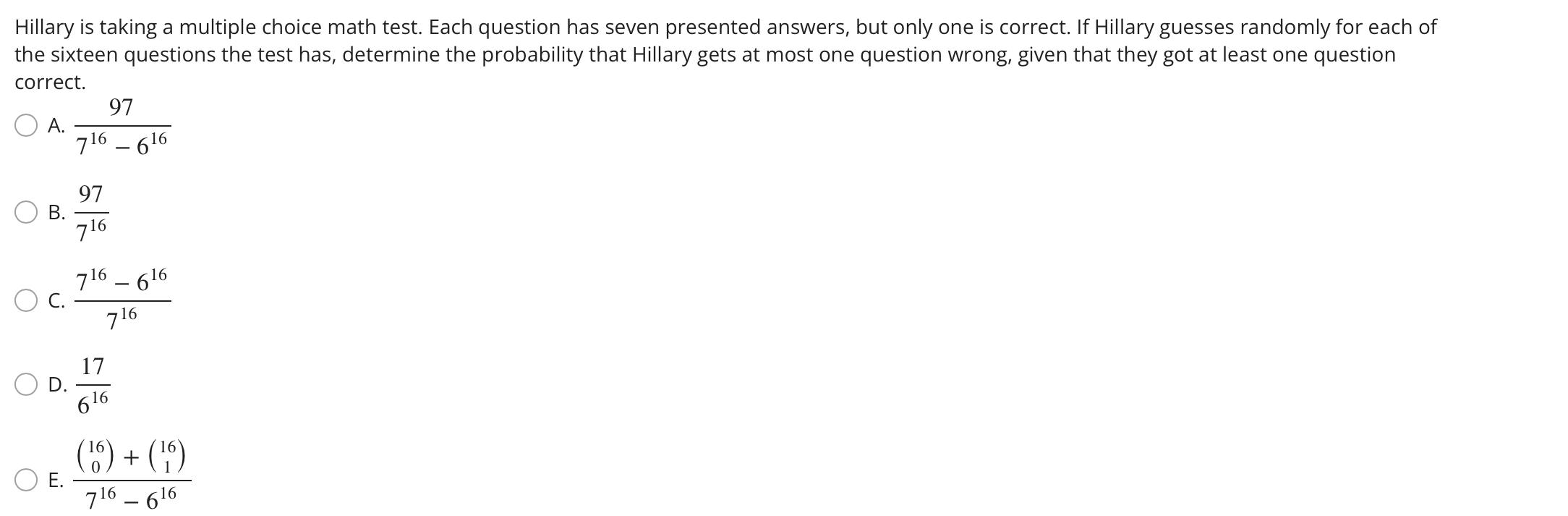 Solved Hillary is taking a multiple choice math test. Each | Chegg.com