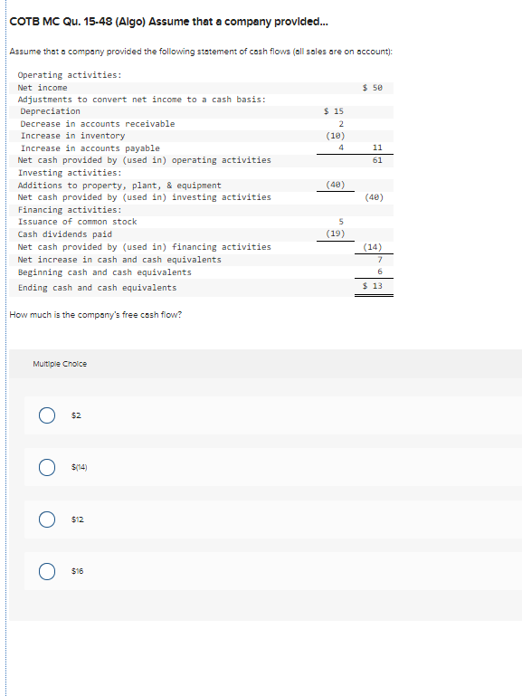 Solved COTB MC Qu. 15.48 (Algo) Assume that a company | Chegg.com