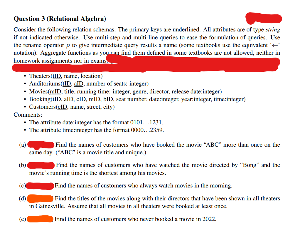 Solved Question 3 (Relational Algebra) Consider the | Chegg.com