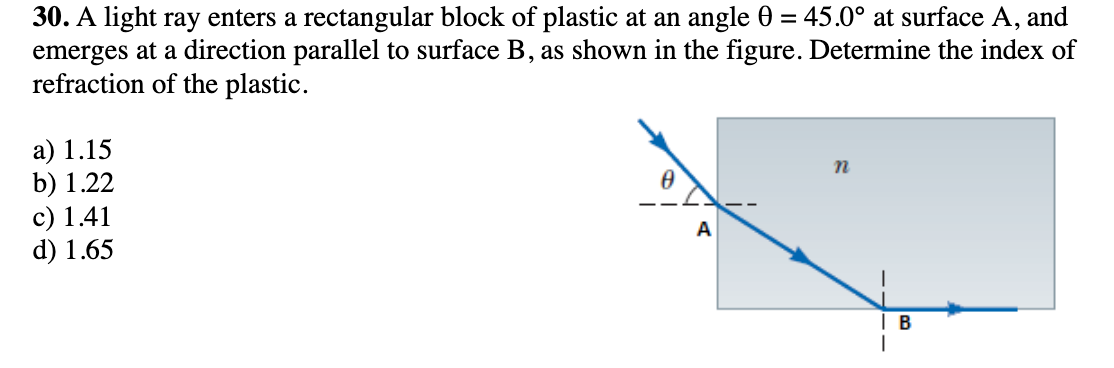 Solved 30. A light ray enters a rectangular block of plastic | Chegg.com