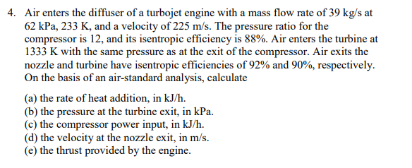 Solved 4. Air enters the diffuser of a turbojet engine with | Chegg.com