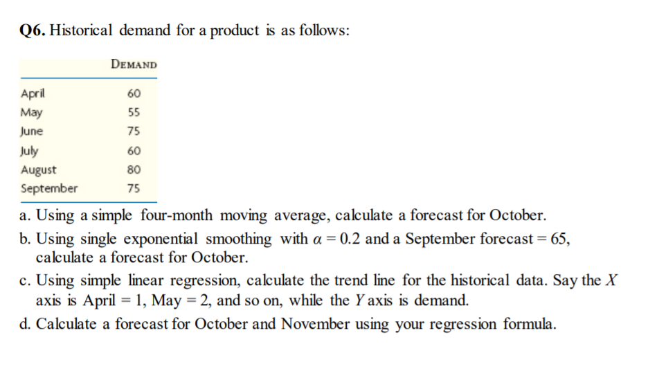 Solved Q6. Historical demand for a product is as follows: | Chegg.com