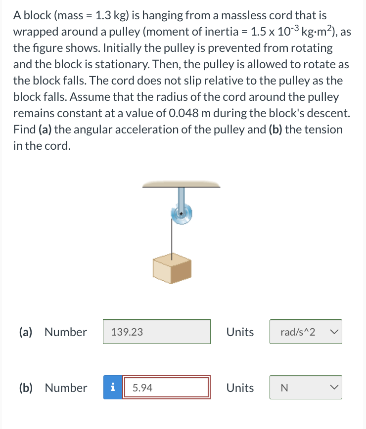Solved A block (mass =1.3 kg ) is hanging from a massless | Chegg.com