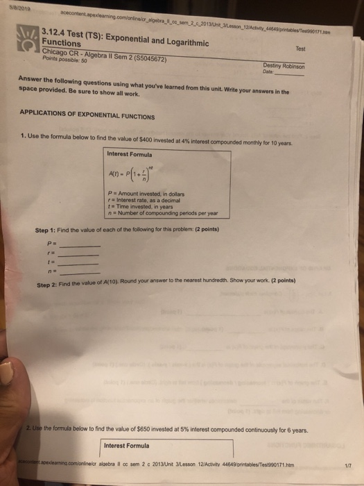 Solved sa2o1e 171 htm 3.12.4 Test (TS): Exponential and | Chegg.com