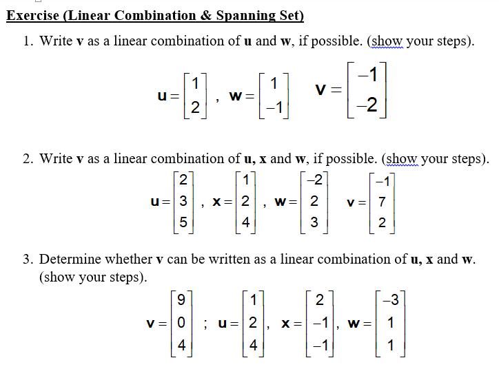 Solved Exercise (Linear Combination & Spanning Set) 1. Write | Chegg.com