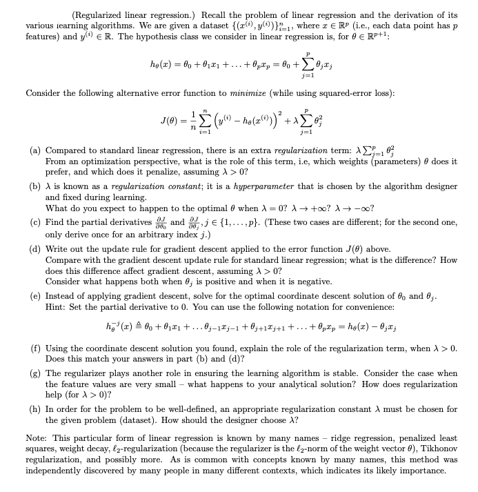 (Regularized linear regression.) Recall the problem | Chegg.com