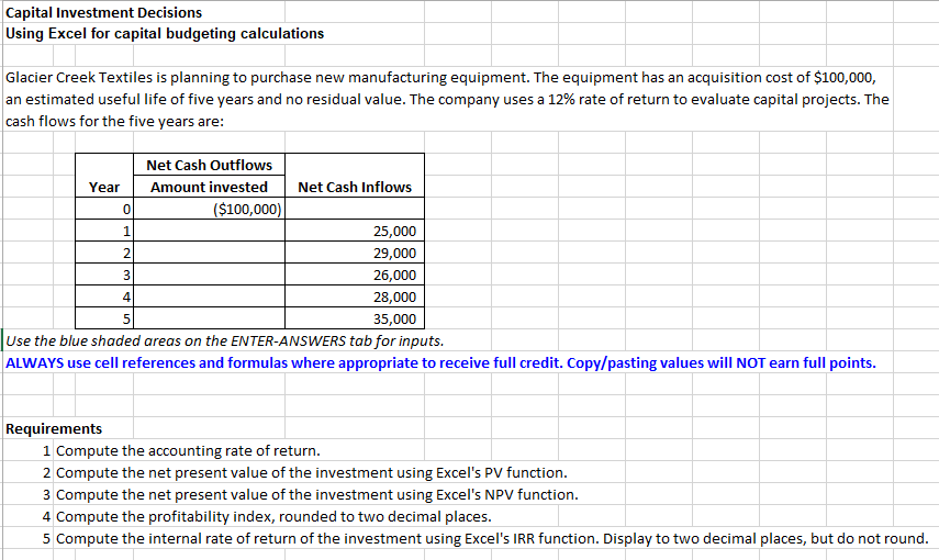 Solved Capital Investment Decisions Using Excel for capital | Chegg.com