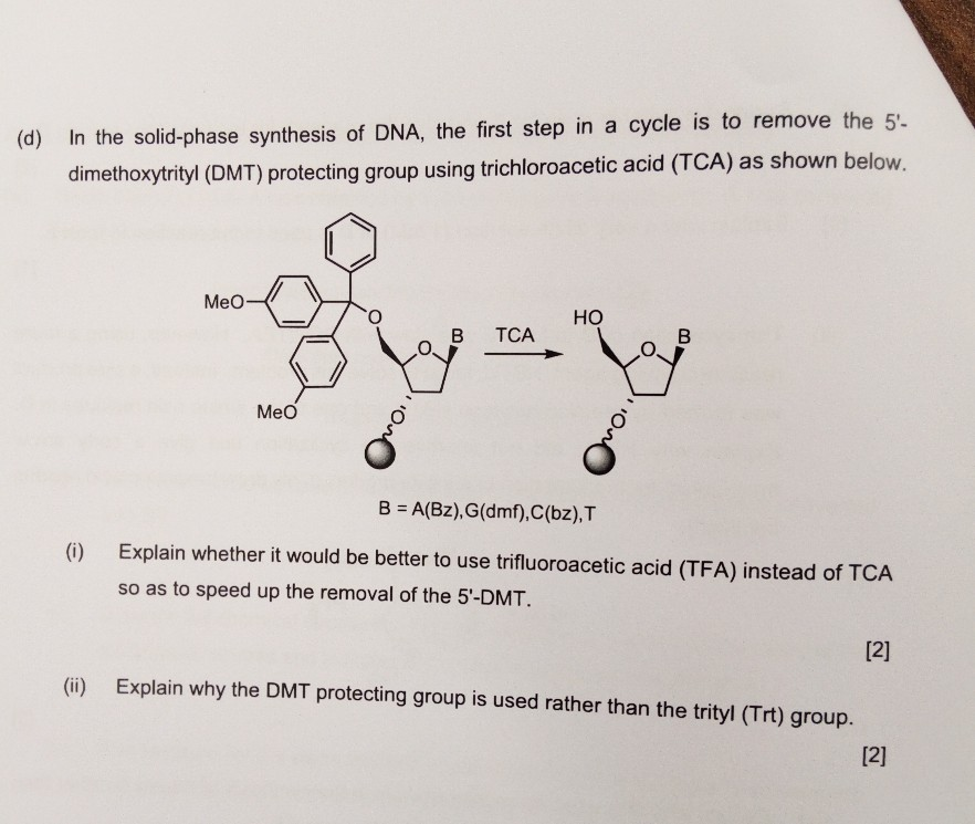 Solved (d) In the solid-phase synthesis of DNA, the first | Chegg.com