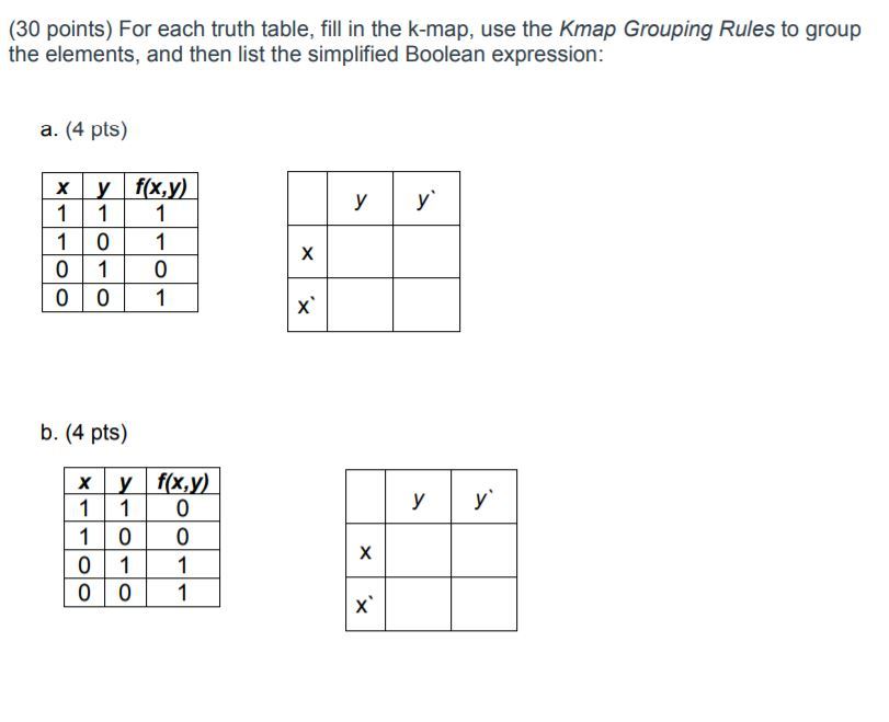 Solved (30 points) For each truth table, fil in the k-map, | Chegg.com