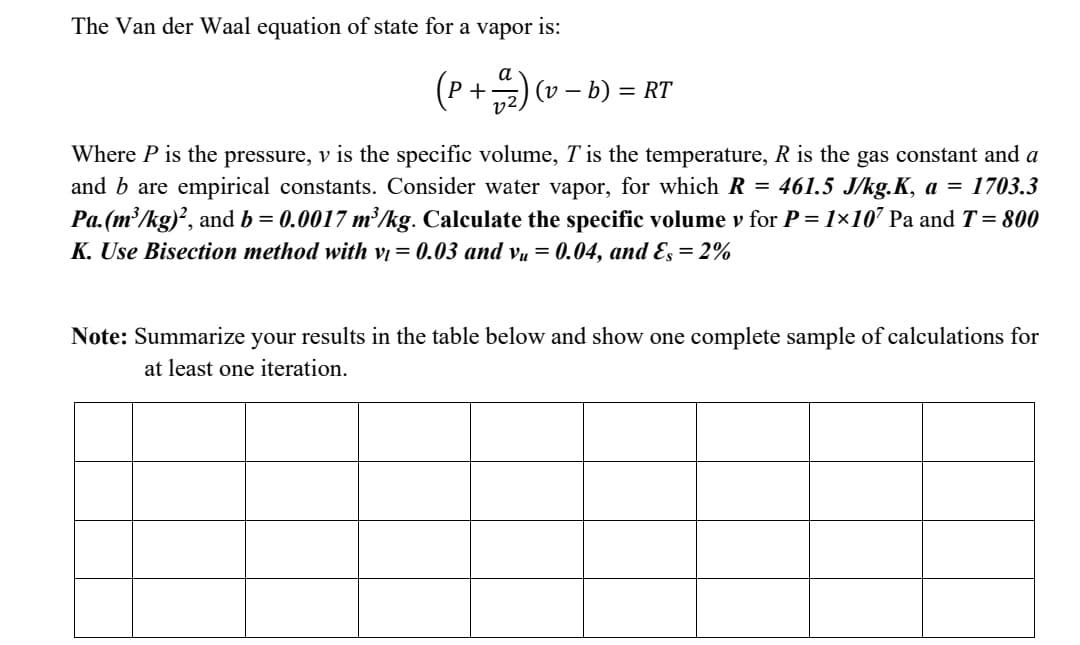 Solved The Van der Waal equation of state for a vapor is: | Chegg.com